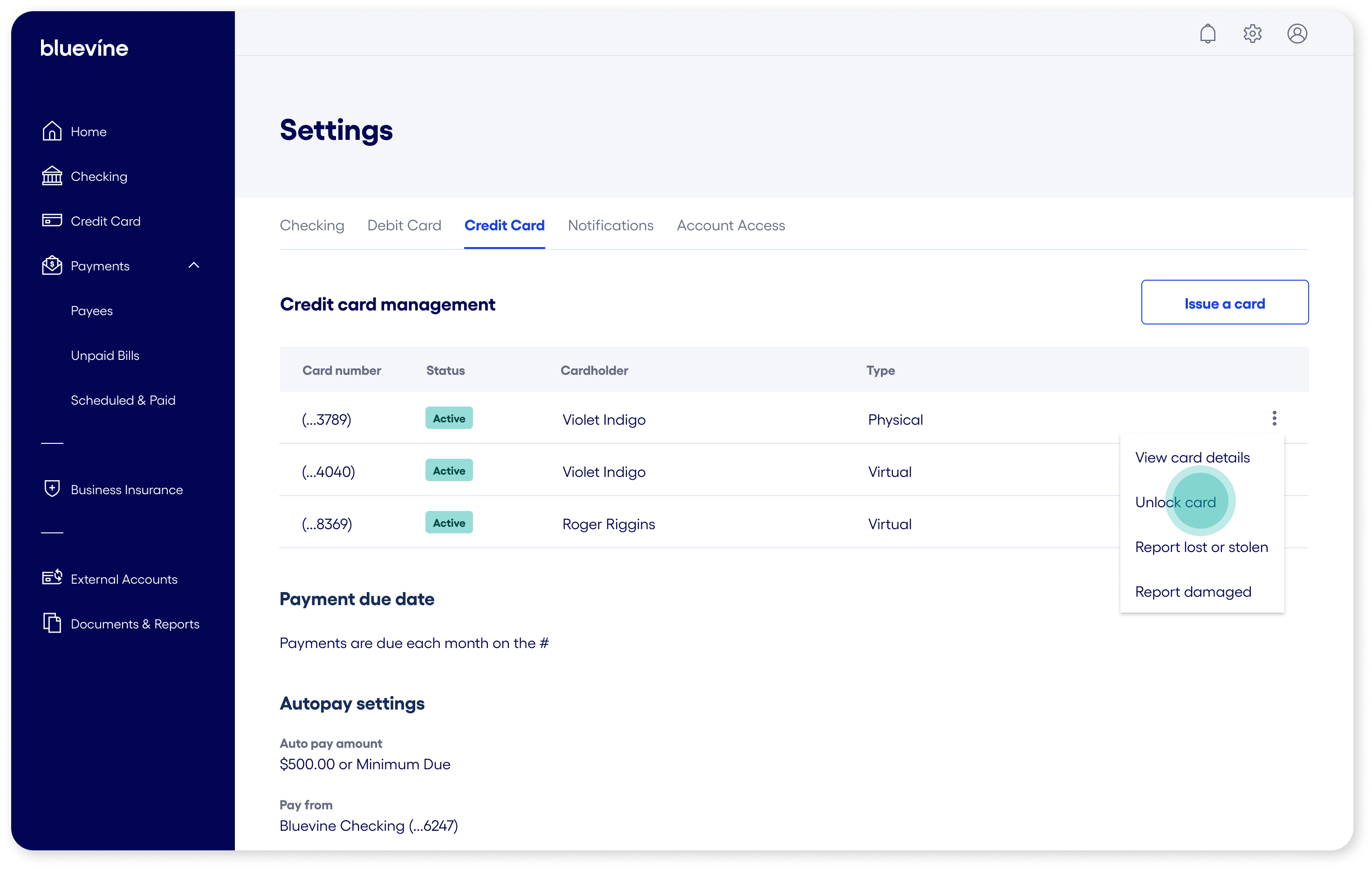 How do I lock or unlock my debit or credit card?