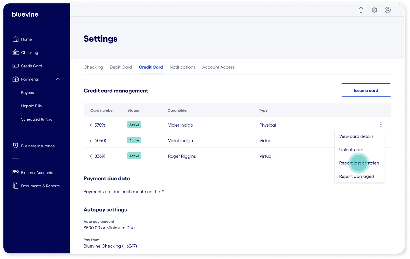 How do I mark my debit card or credit card lost or stolen?