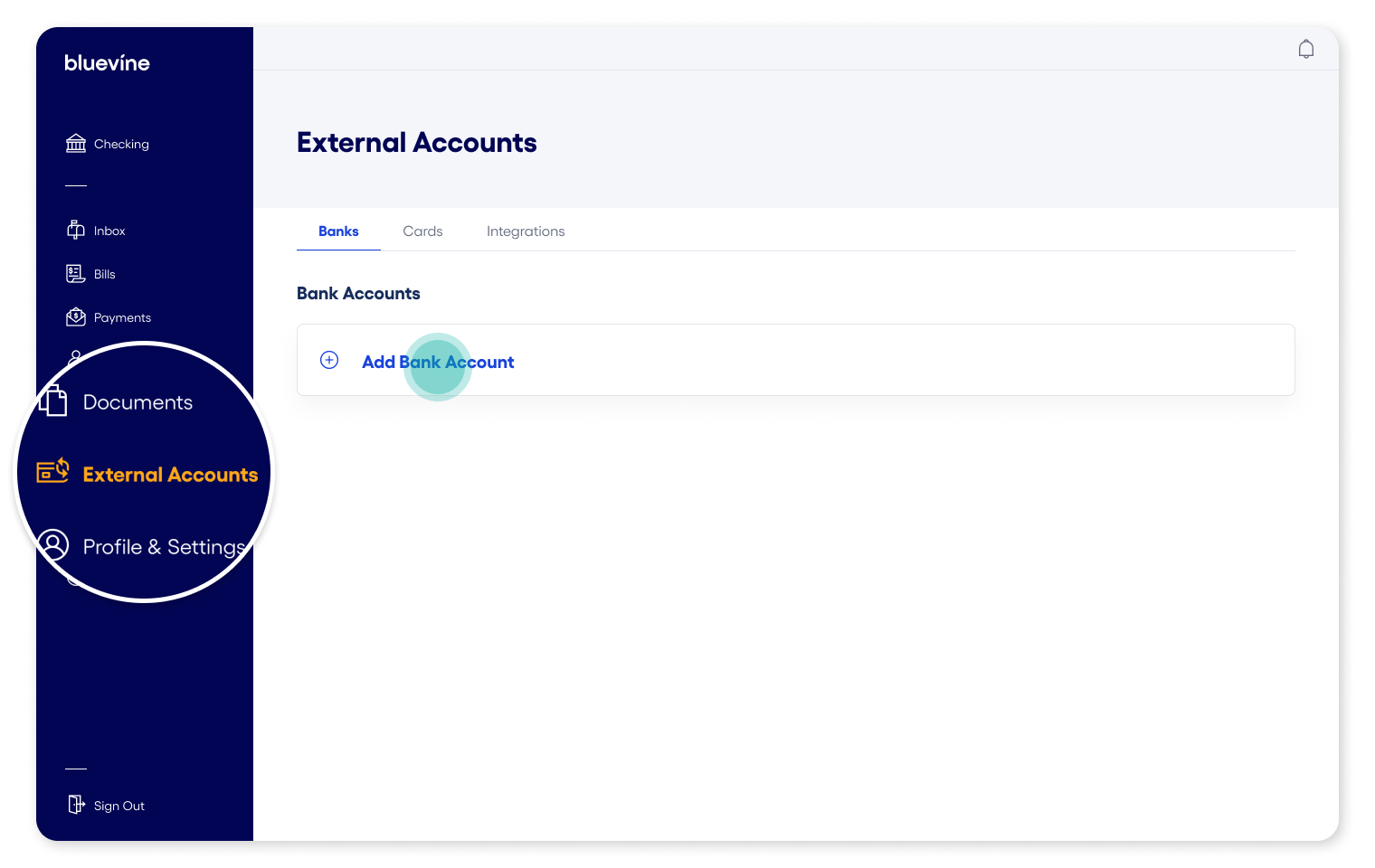 How do I connect an external bank account to my Bluevine account?