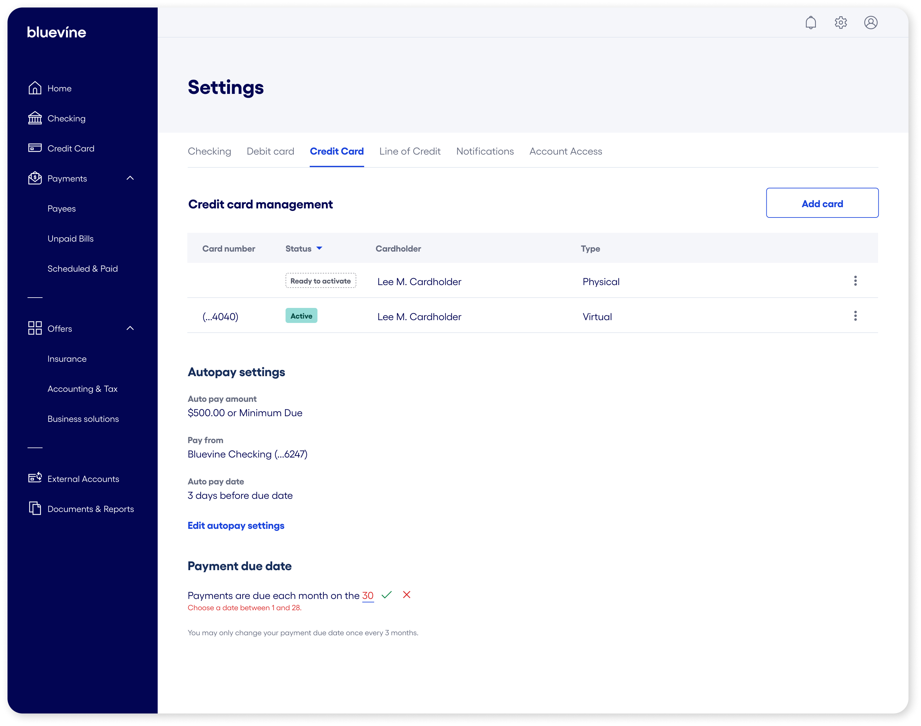 How do I change my credit card payment due date?