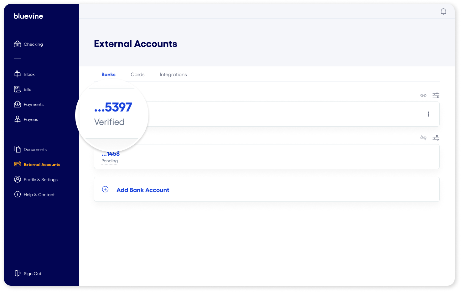 How do I connect an external bank account to my Bluevine account?