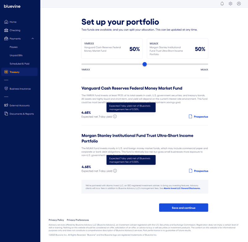 How do I apply for a Bluevine Treasury account?